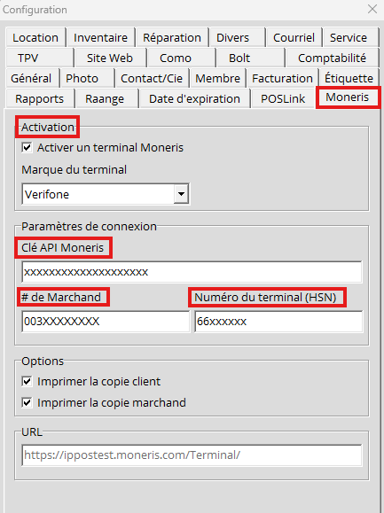 Configuration du Moneris P400
